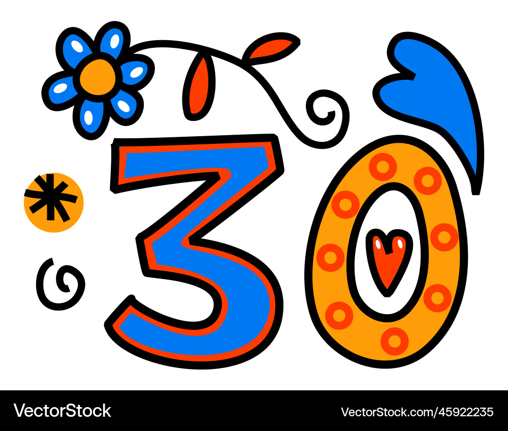 Freehand number thirty text doodle art Royalty Free Vector