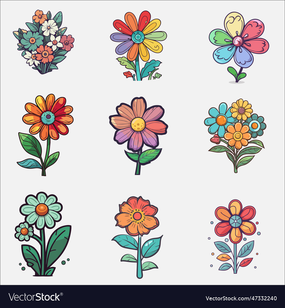 Set of colorful doodle flowers and leaves Vector Image