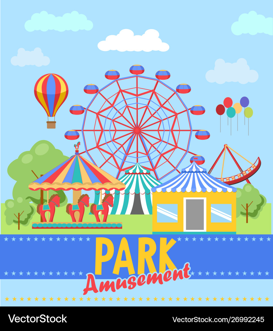 Amusement park poster ferris wheel and roller Vector Image