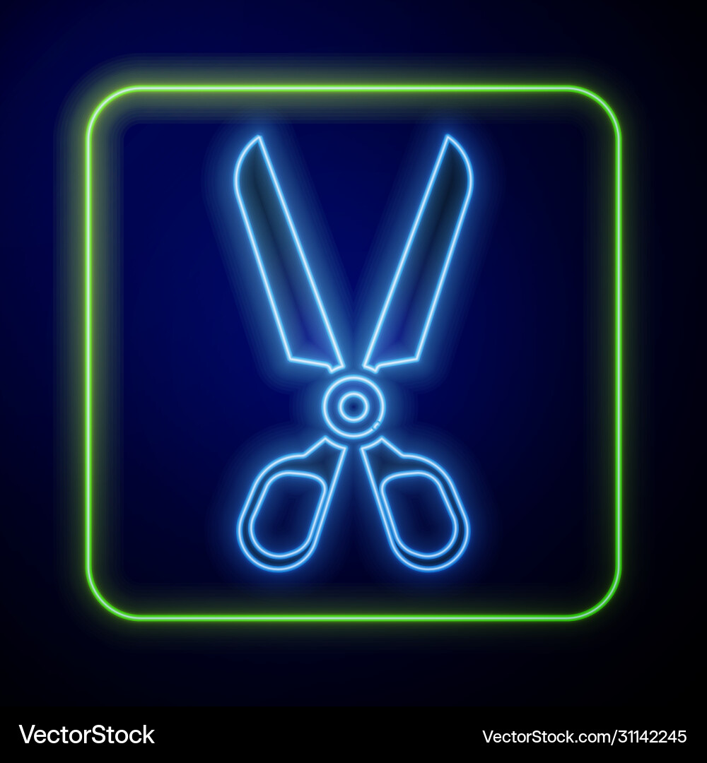 Glowing neon scissors icon isolated on blue Vector Image