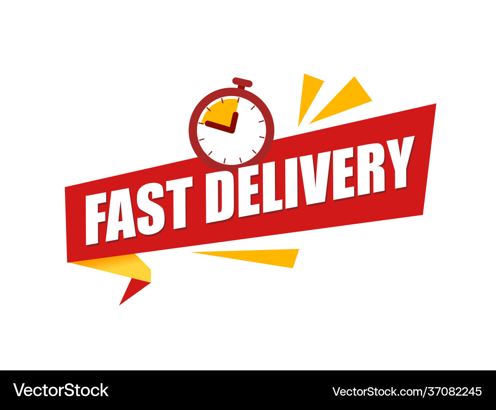 Red ribbon with text fast delivery and clock Vector Image