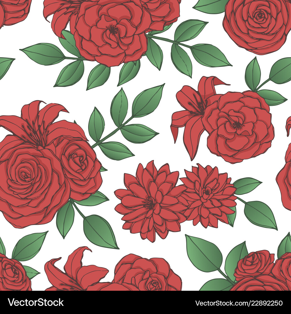 Pattern with red lily rose peony flowers Vector Image