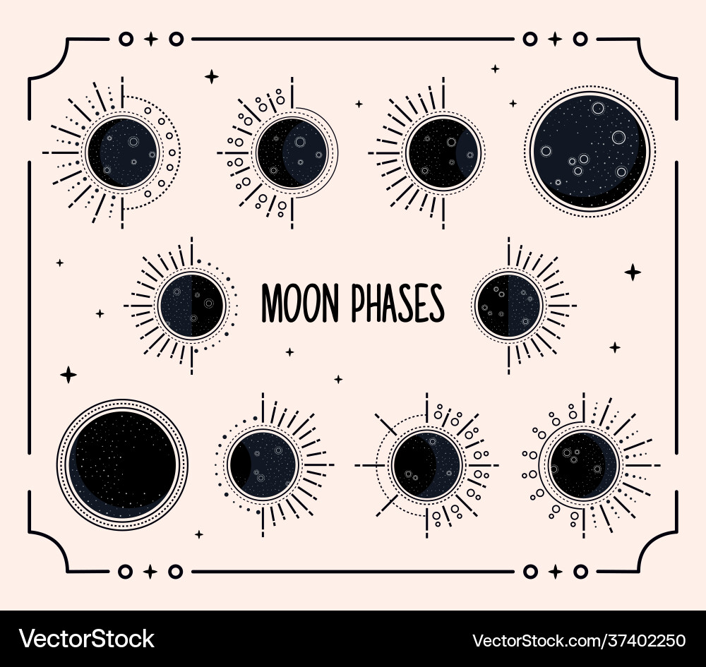 Ten moons phases and lettering Royalty Free Vector Image