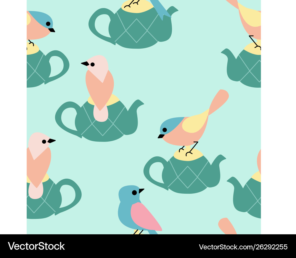 Cute birds and tea pots in a seamless pattern Vector Image