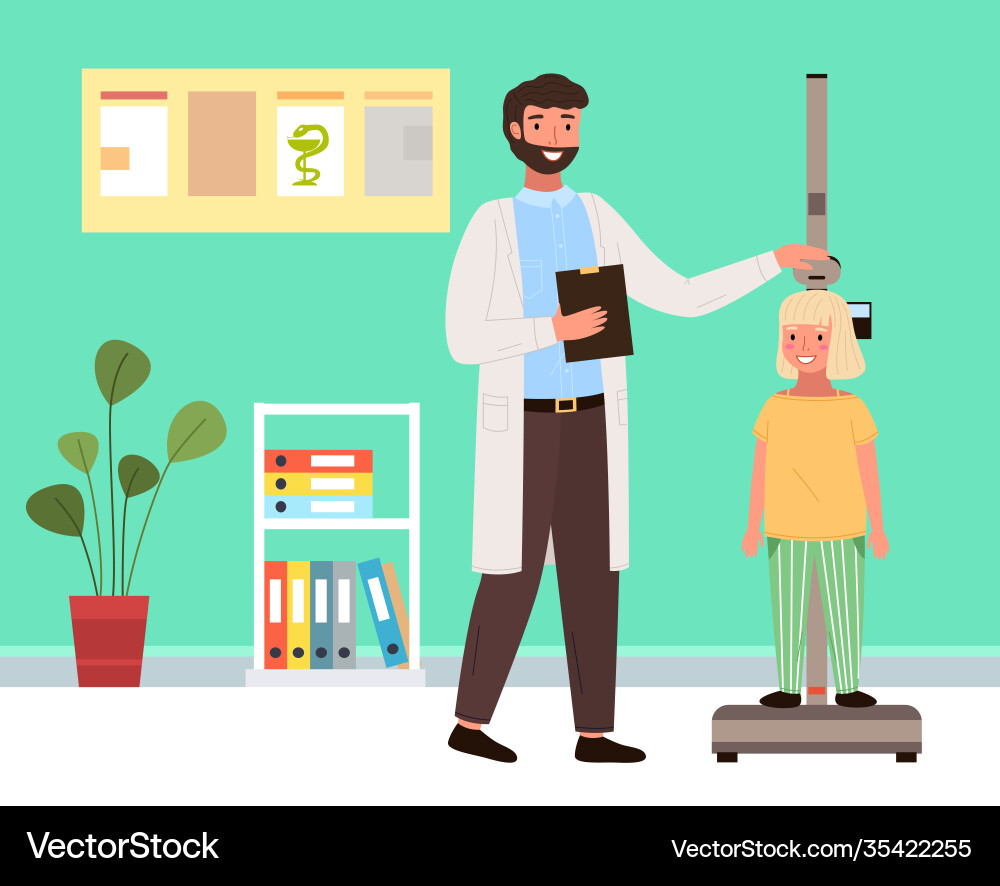Doctor uses a stadiometer to determine height Vector Image