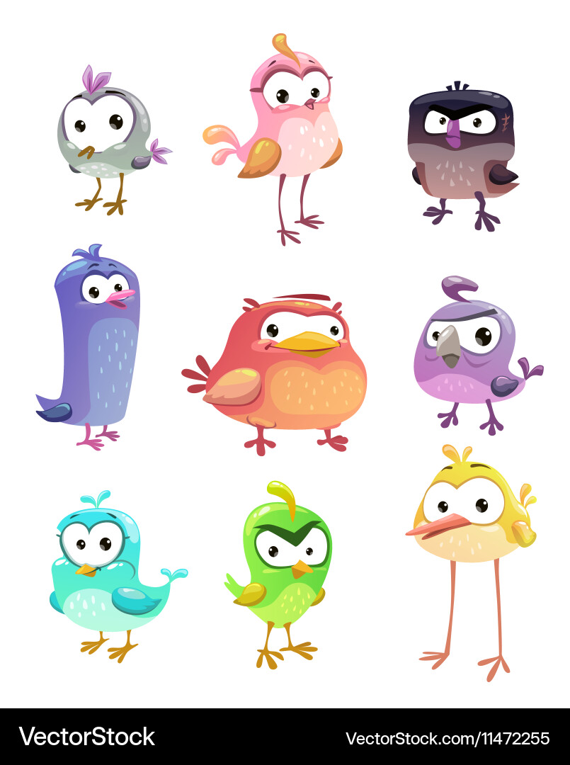 Funny cartoon standing birds set Royalty Free Vector Image