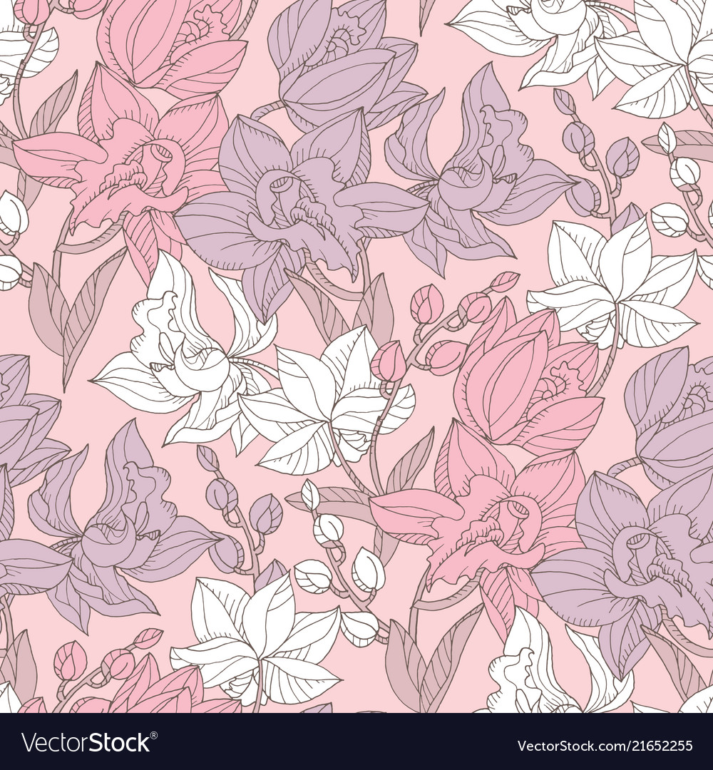 Hand Drawn Orchid Floral Seamless Pattern Vector Image
