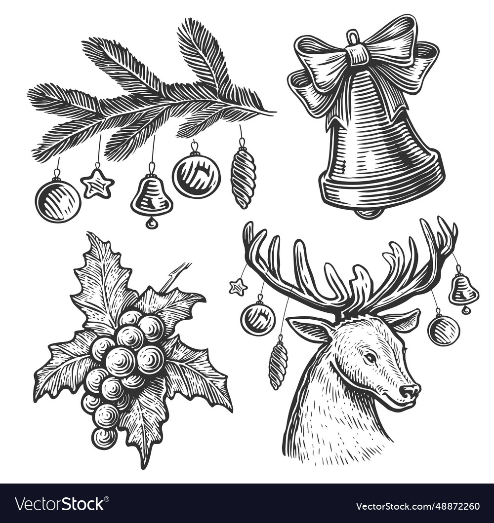 Christmas set vintage sketch Royalty Free Vector Image