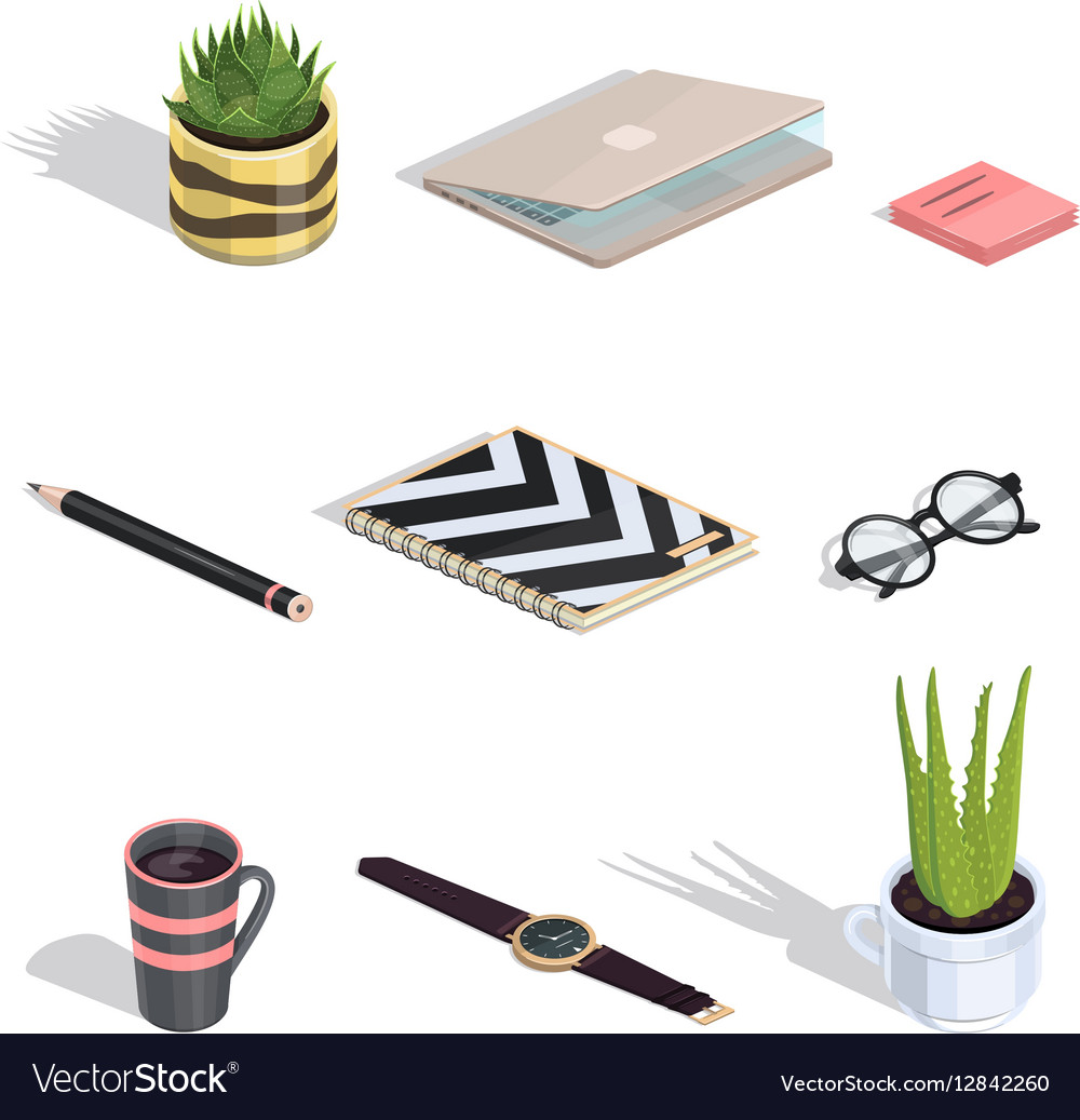 Workspace items isometric icons Royalty Free Vector Image Workspace items isometric icons Royalty Free Vector Image