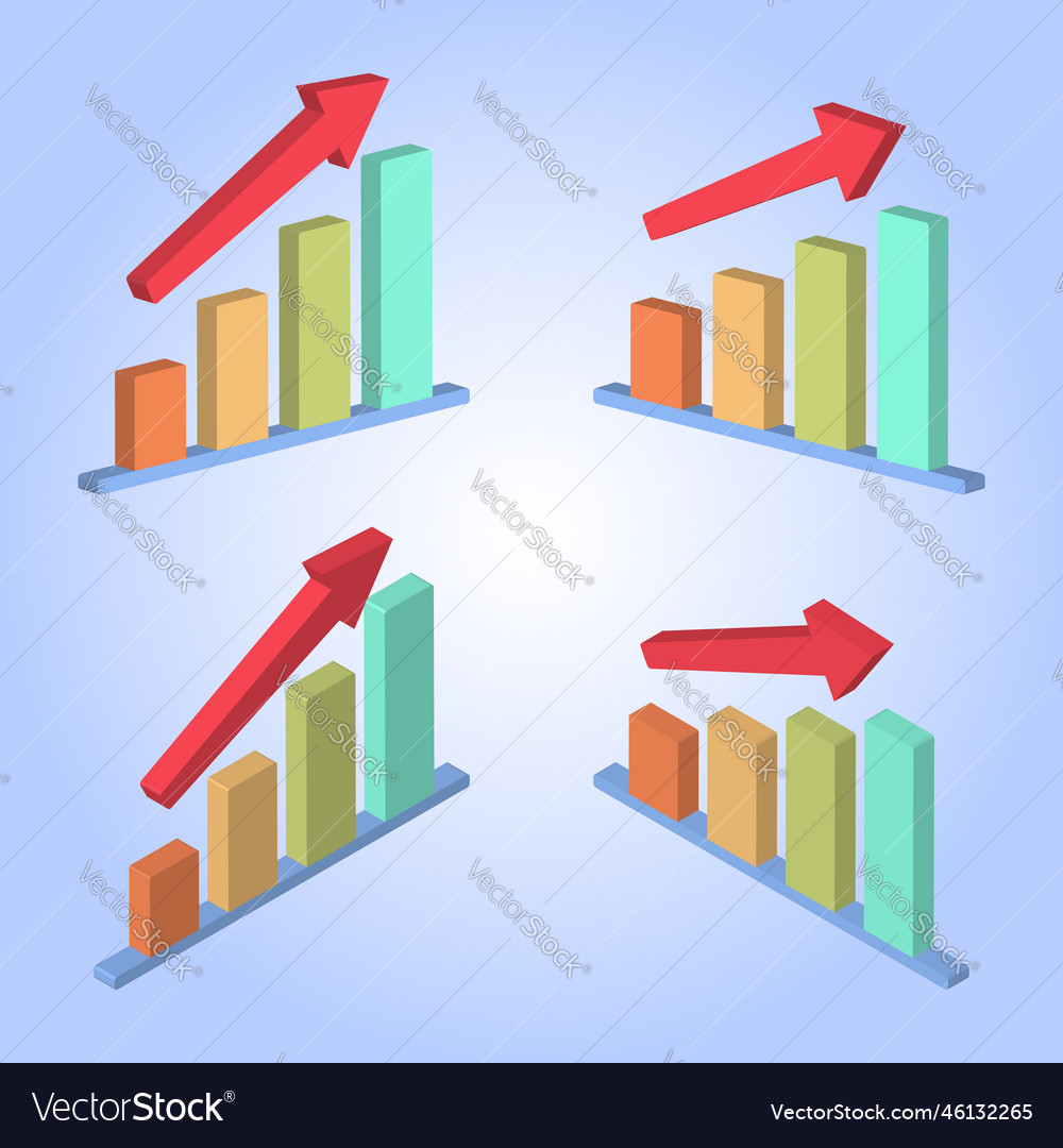 3d icon set of growing bar chart with rising arrow