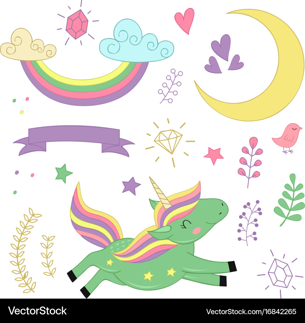 Set of isolated unicorn and elements part 2 Vector Image