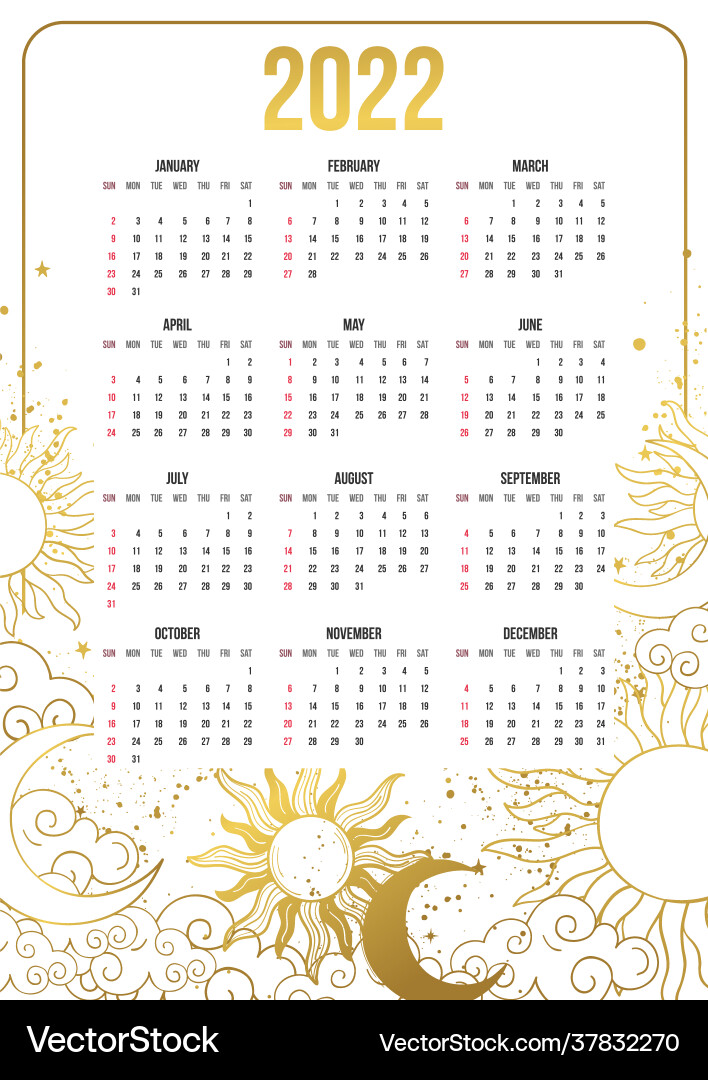 Calendar for 2022 with astrological boho design Vector Image