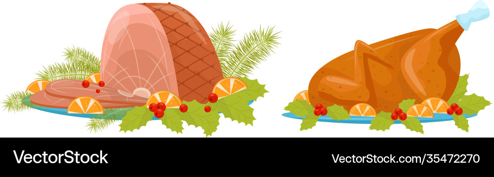 Whole roasted chicken and ham served on plate Vector Image