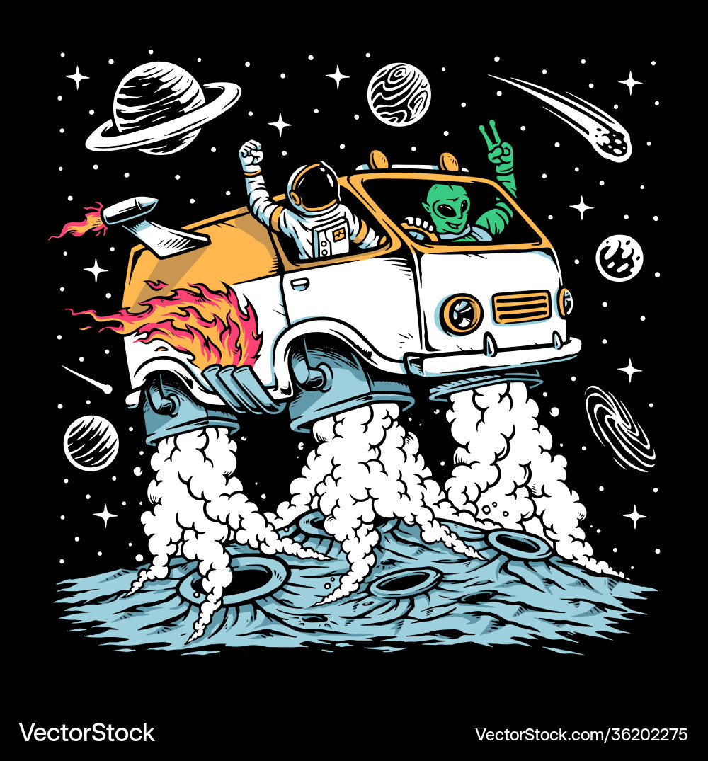 Astronaut and alien drive space car Royalty Free Vector