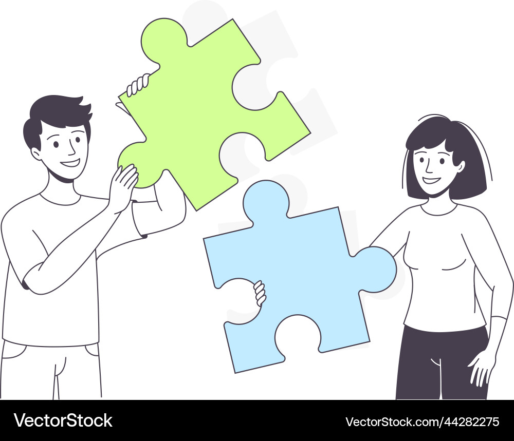 Man and woman assembling jigsaw puzzle connecting Vector Image