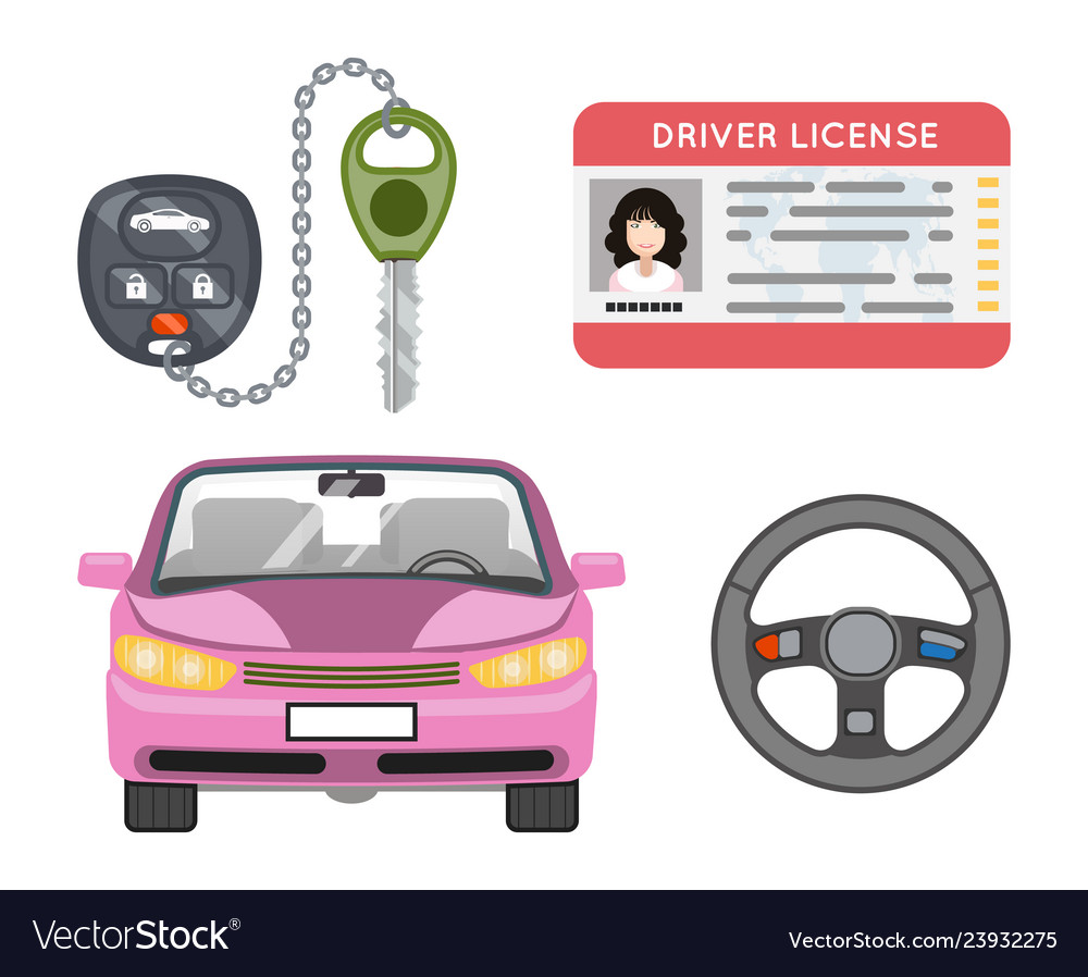 Woman car driver license isolated icons set female