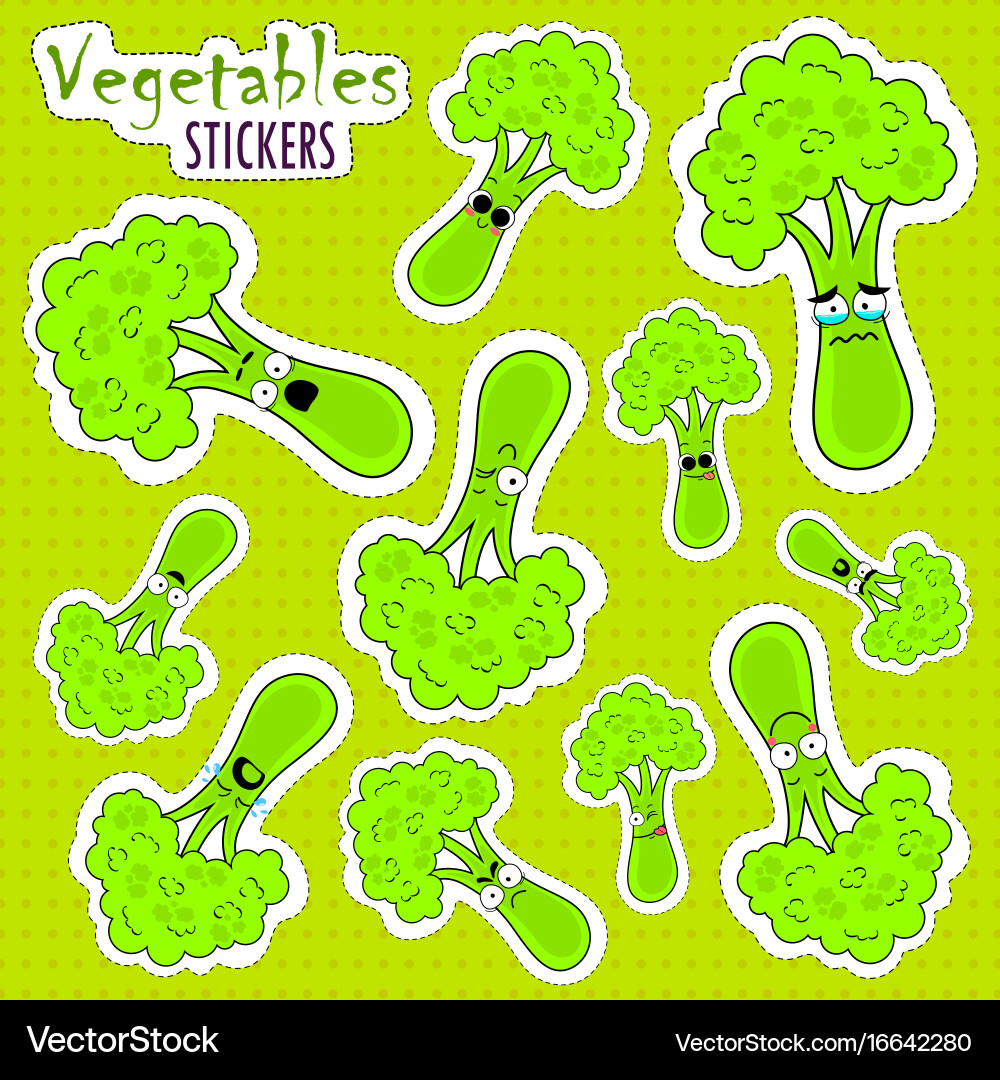 Cartoon broccoli cute character face sticker Vector Image