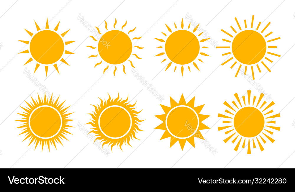 Yellow sun icon set flat sunshine logo summer Vector Image