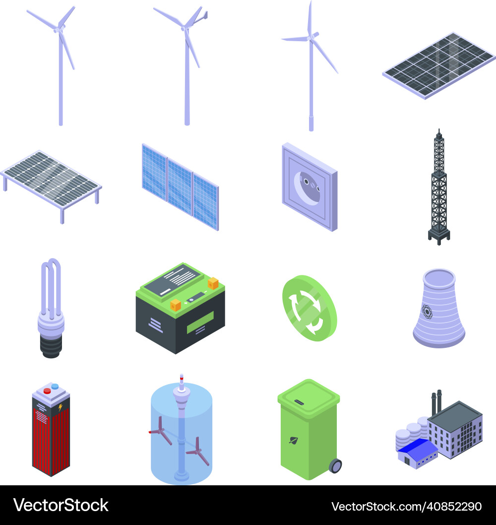 Clean energy icons set isometric style Royalty Free Vector