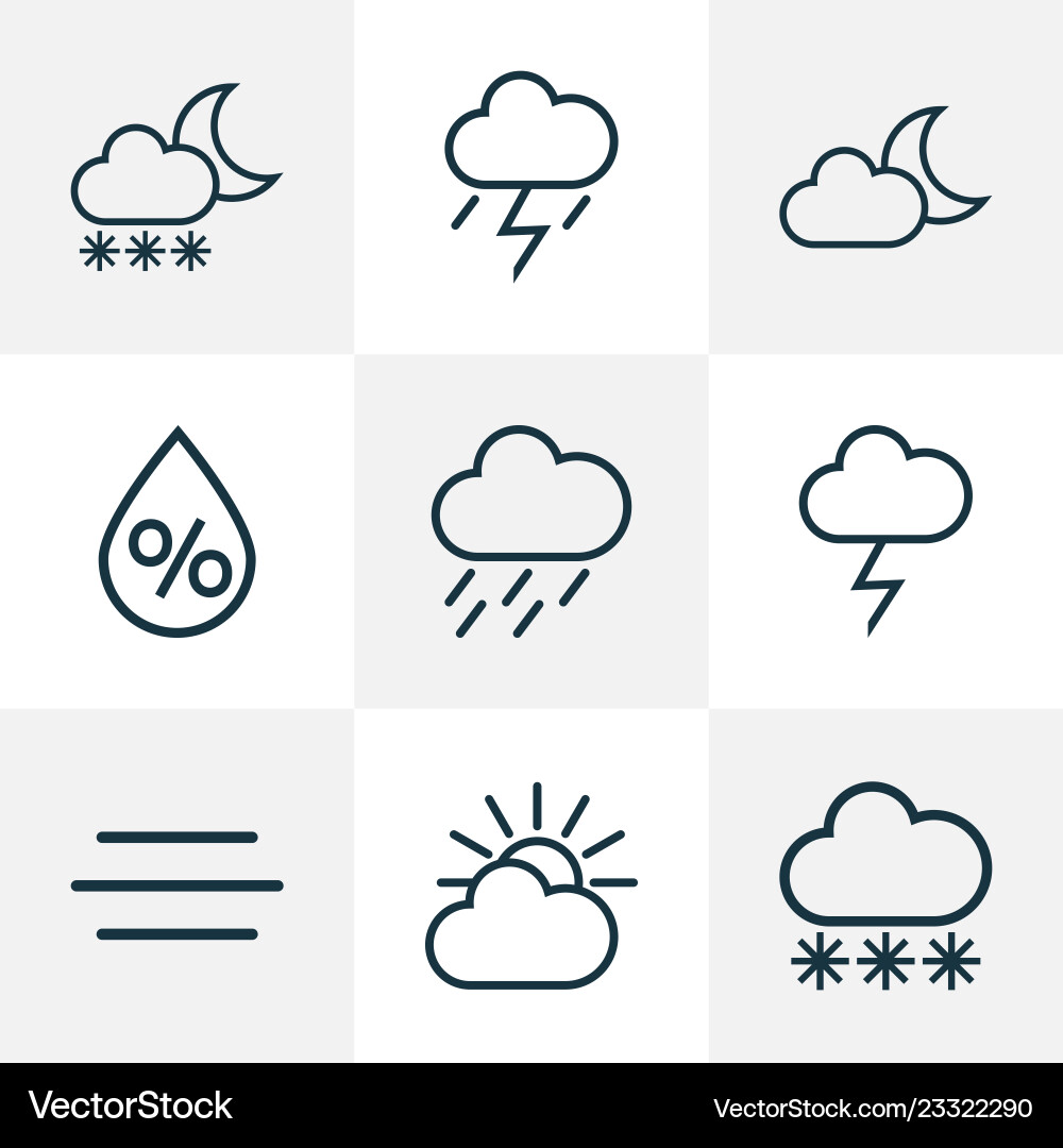 Climate icons line style set with rainstorm Vector Image