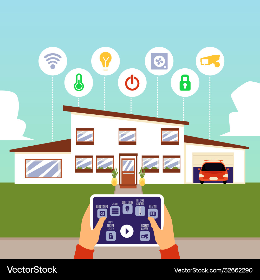 Smart house with human hands hold remote controler