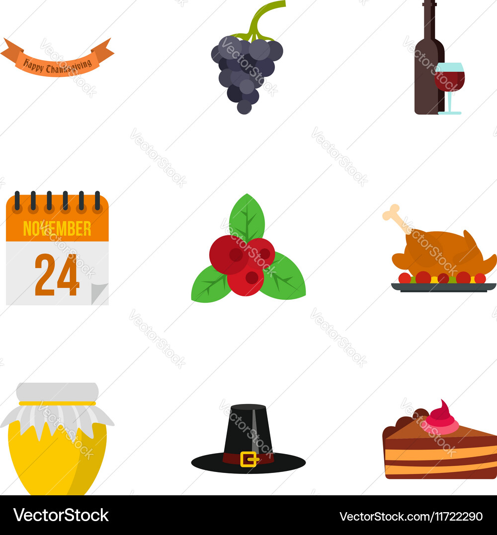 Thanksgiving feast icons set flat style Royalty Free Vector
