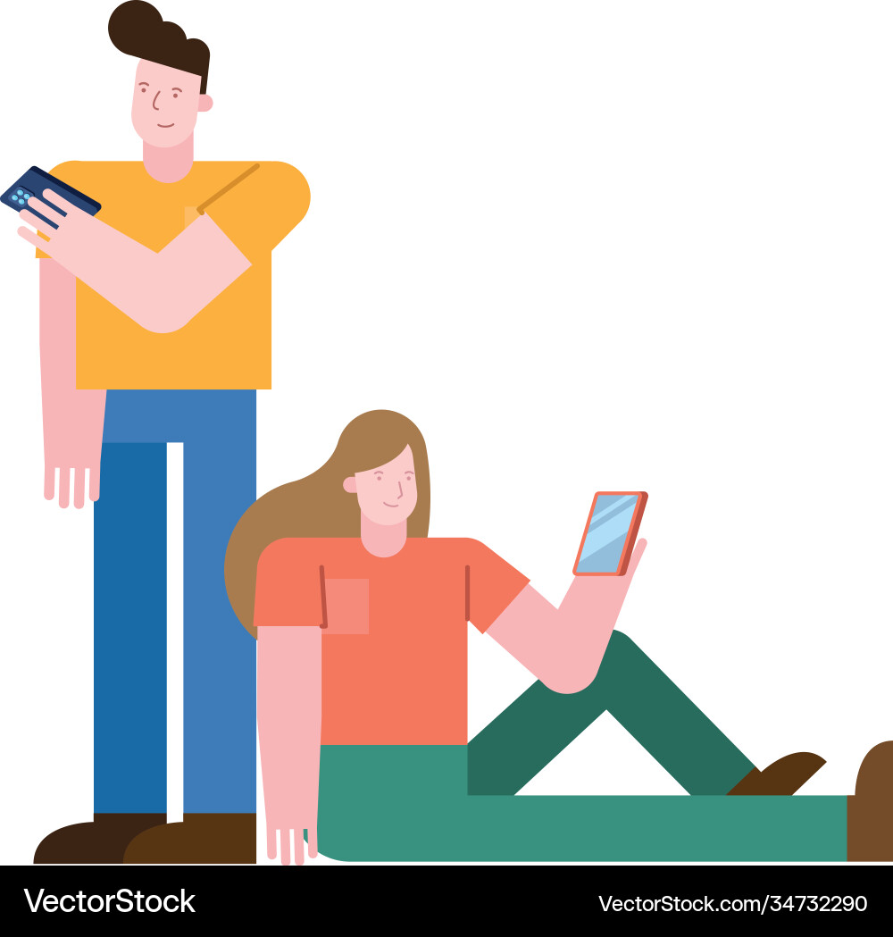 Young couple using smartphone characters Vector Image