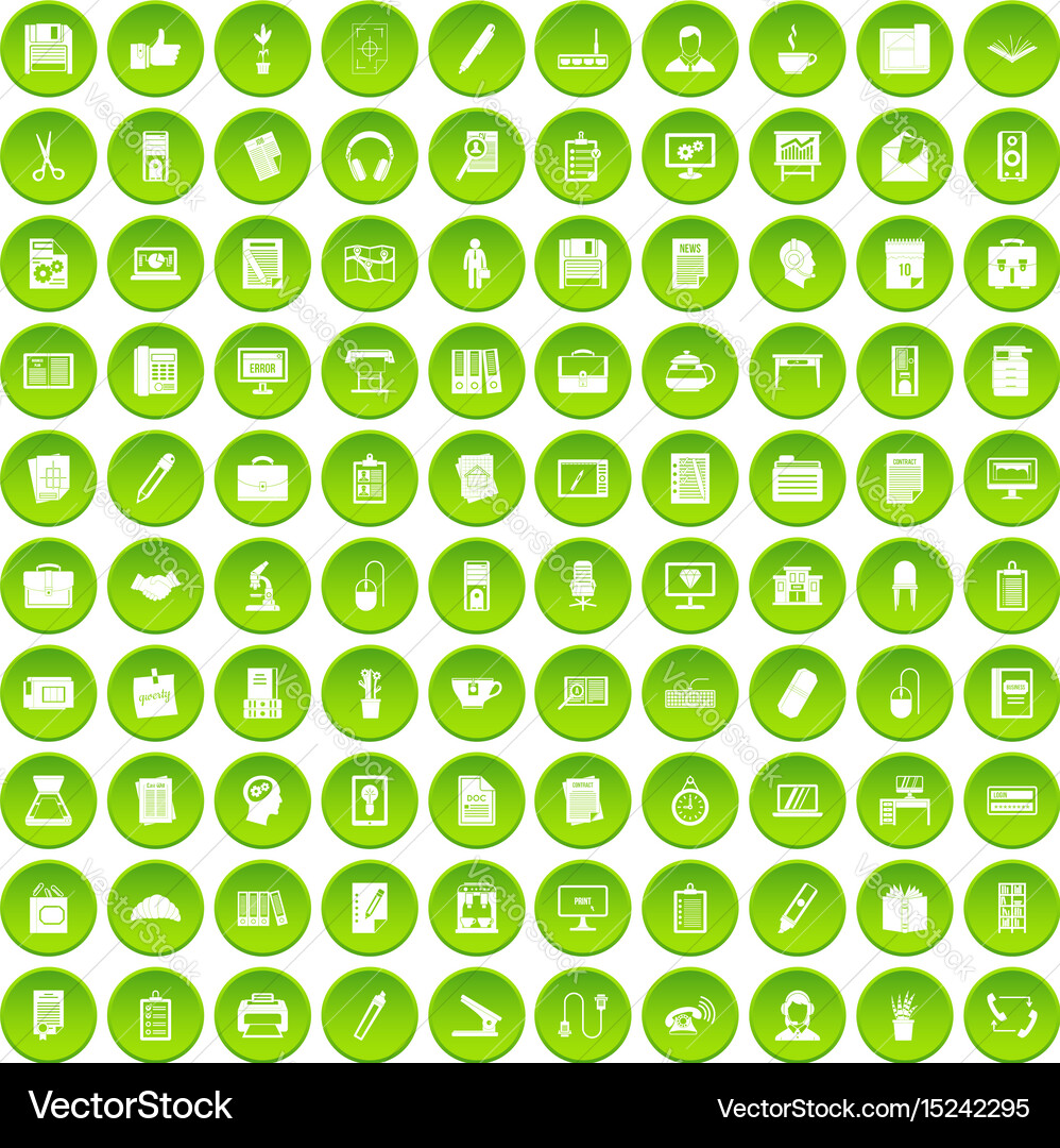 100 office icons set green circle Royalty Free Vector Image