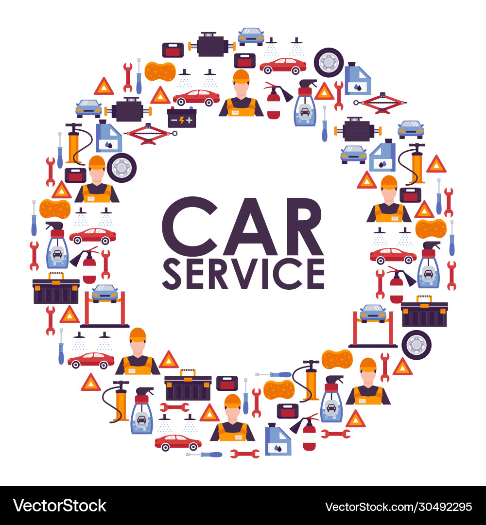 Car service icons in round frame composition Vector Image