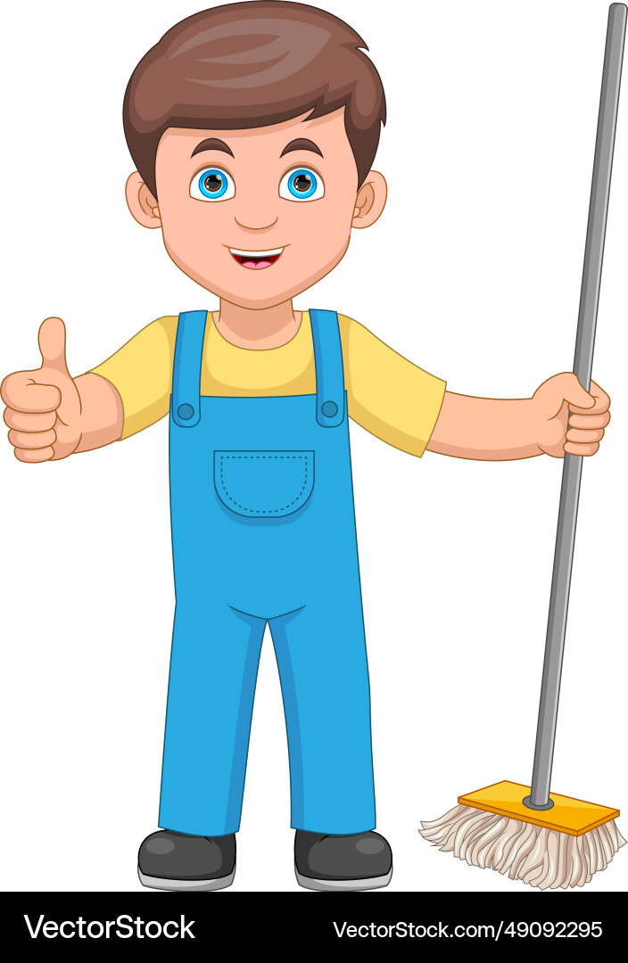 Cute boy with mop and thumbs up Royalty Free Vector Image