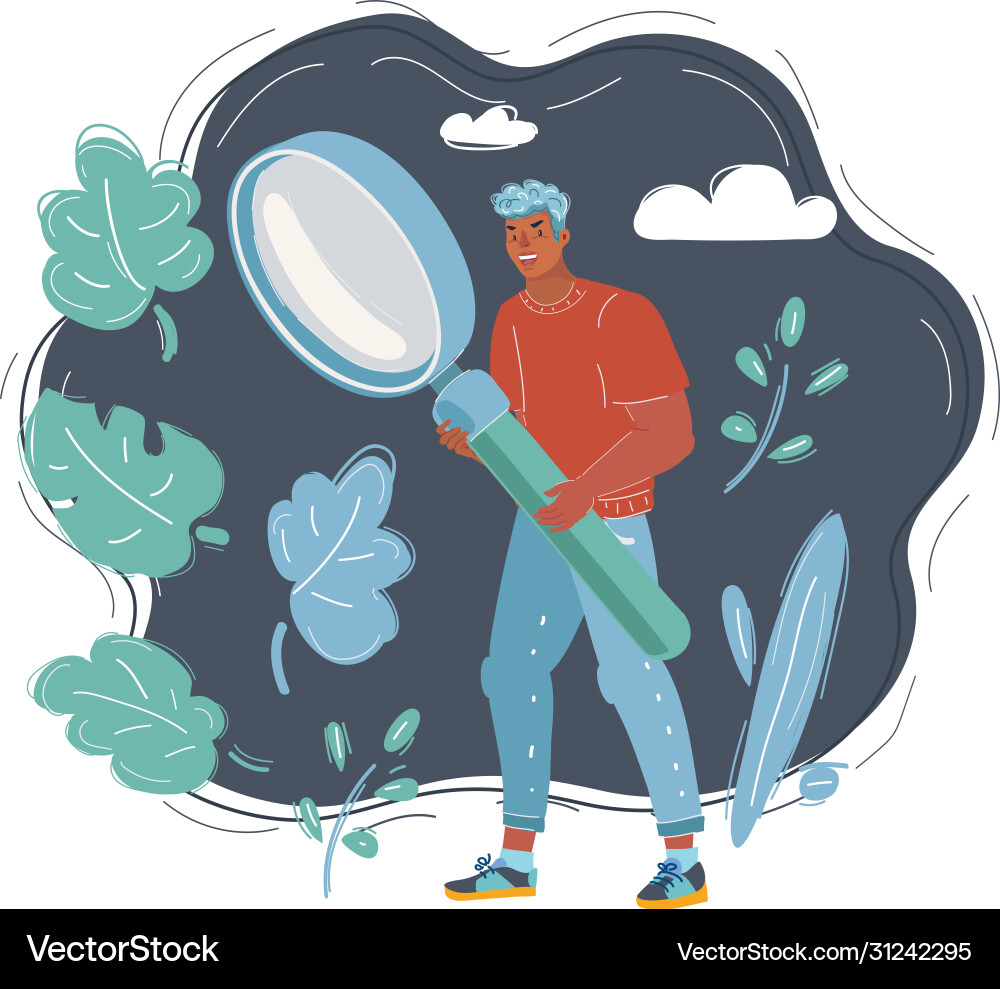 Man with big magnifying glass looking Royalty Free Vector