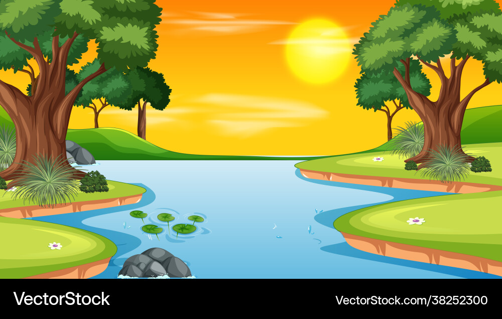 Landscape scene forest with river and many Vector Image
