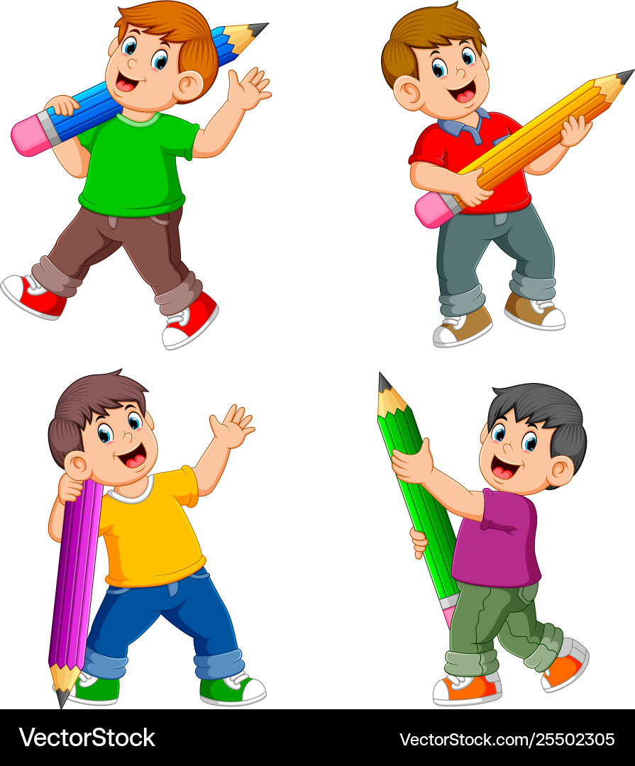 Collection boy holding big pencil Royalty Free Vector Image