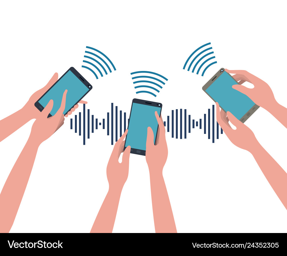 Hands with smartphone and sound wave Royalty Free Vector