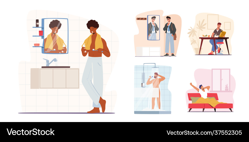 Set man daily routine concept young male Vector Image