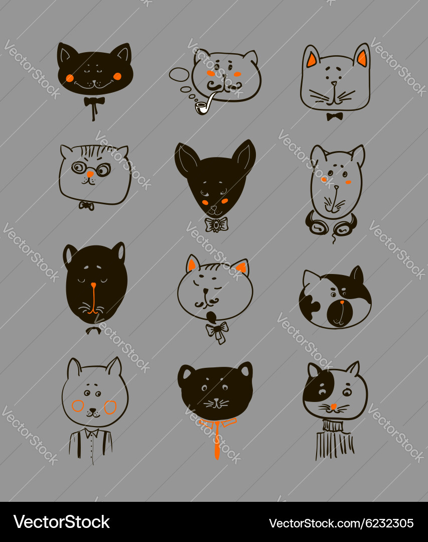 Set of cats heads face Royalty Free Vector Image