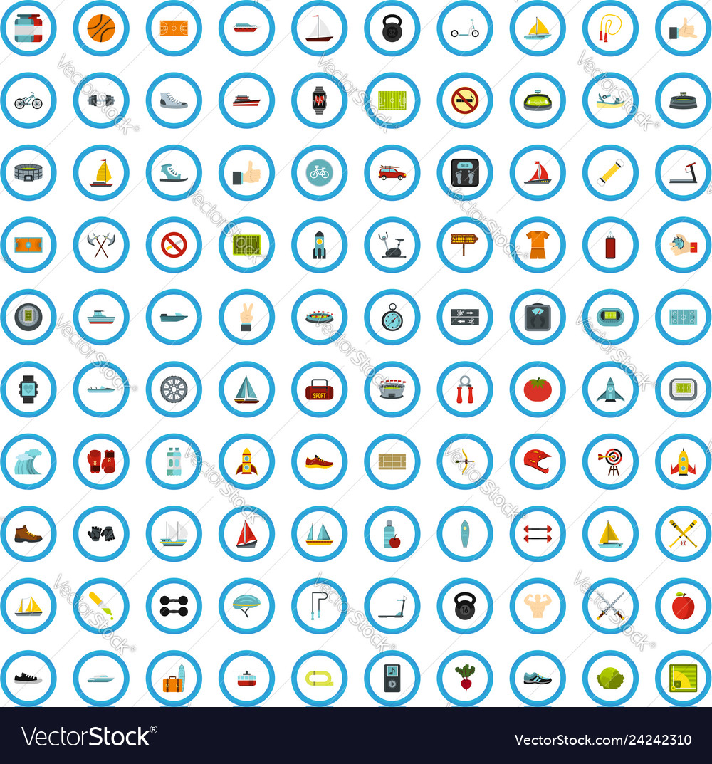 100 exercise icons set flat style Royalty Free Vector Image