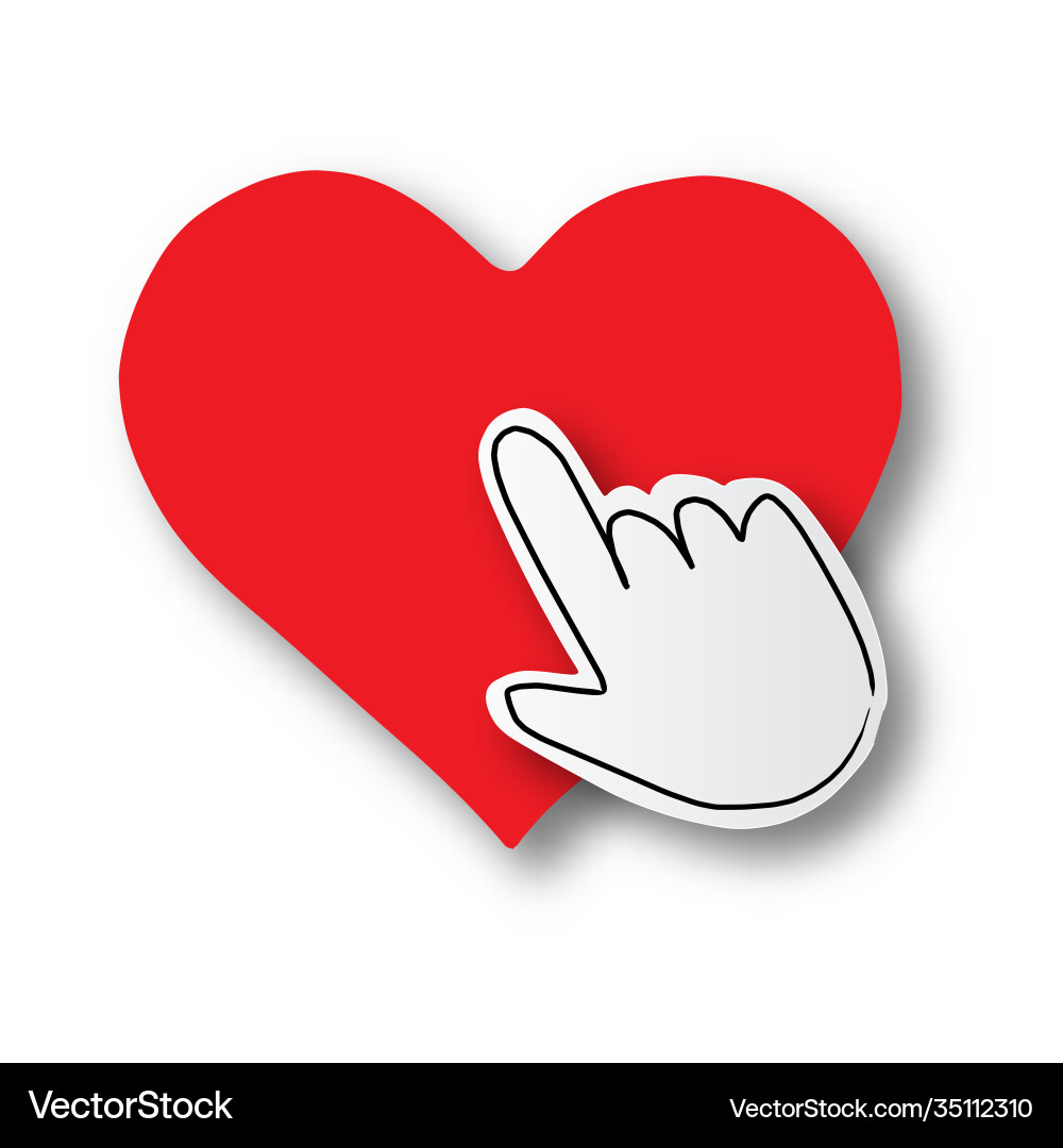 Red heart with cursor hand black line icon on cut Vector Image