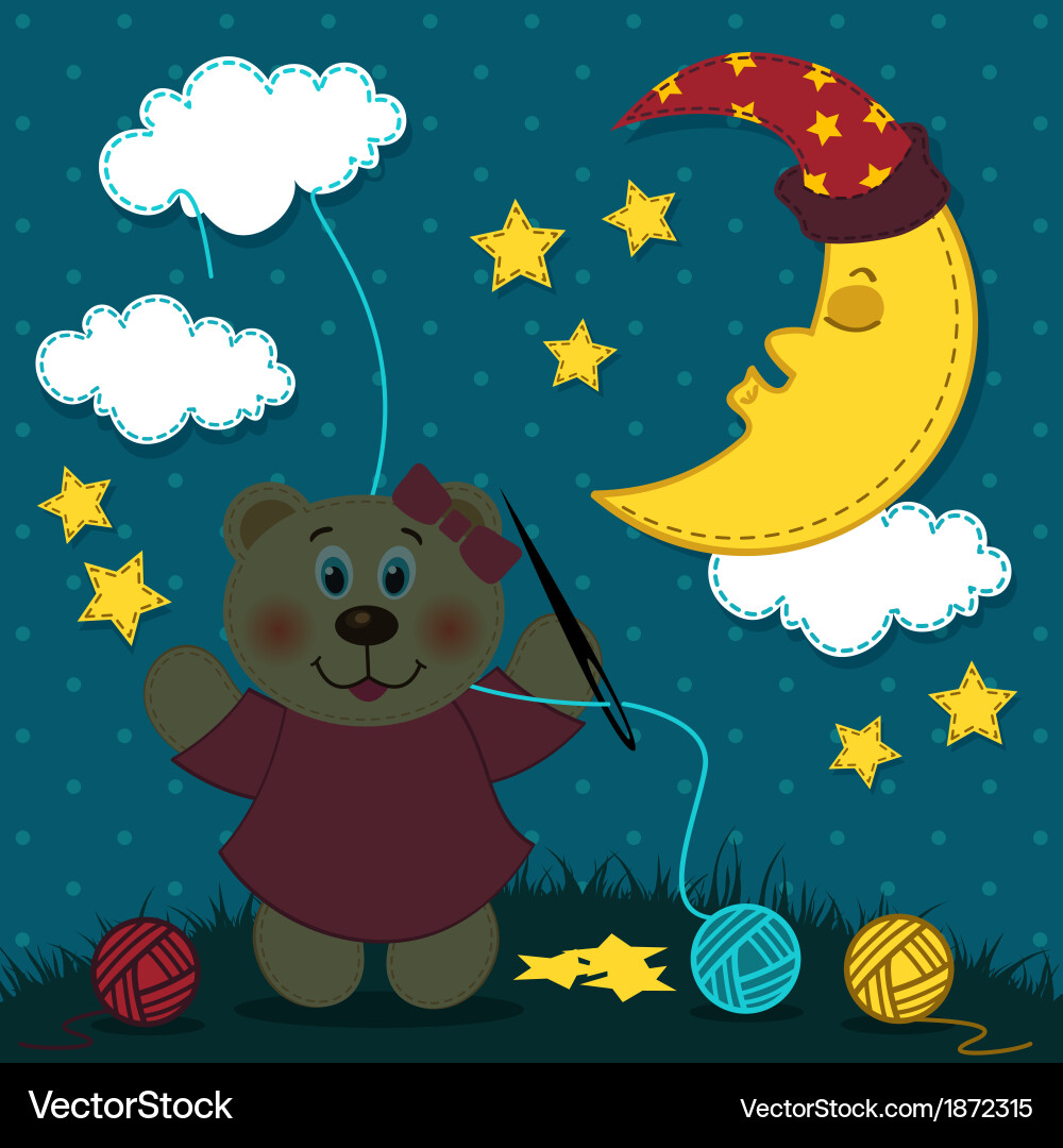 Bear girl sews night Royalty Free Vector Image
