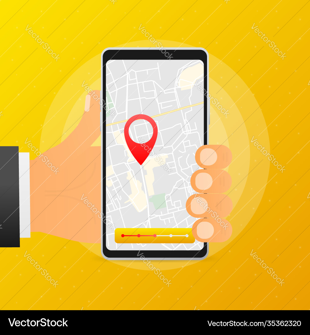 Hand holds phone with map and points on yellow Vector Image