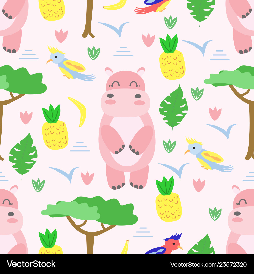 Seamless pattern with hippopotamus in scandinavian