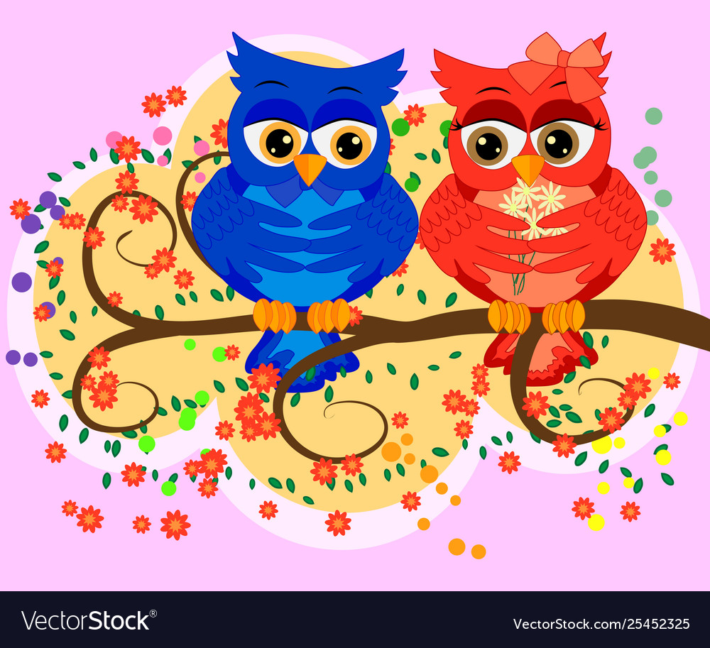 Two owls on blossoming tree branches a pink girl Vector Image