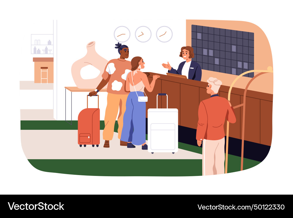 Guests at hotel reception desk couple checking Vector Image