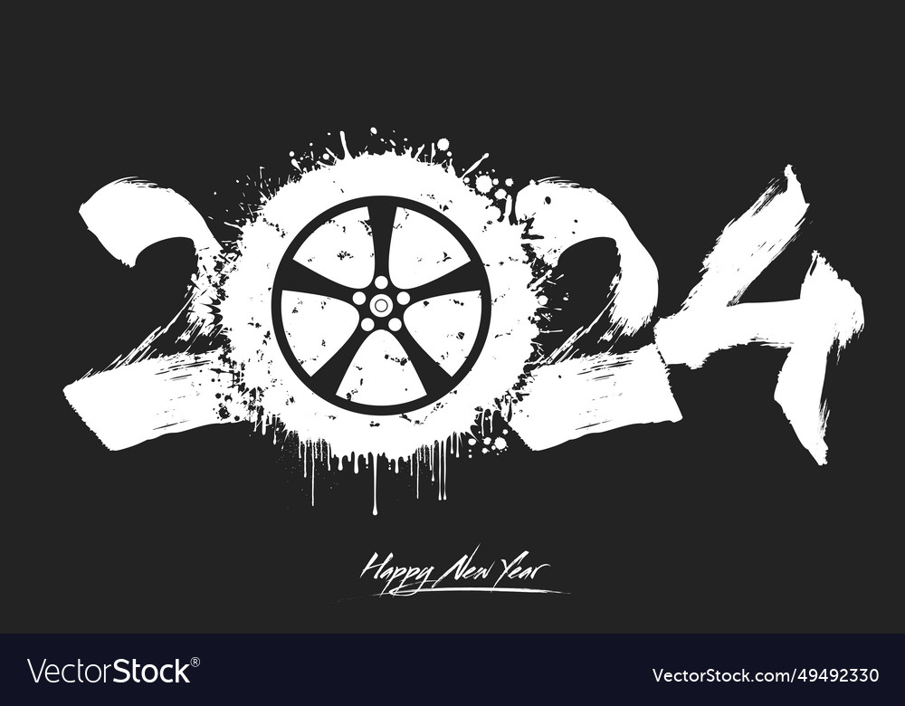 Happy new year 2024 and car wheel Royalty Free Vector Image