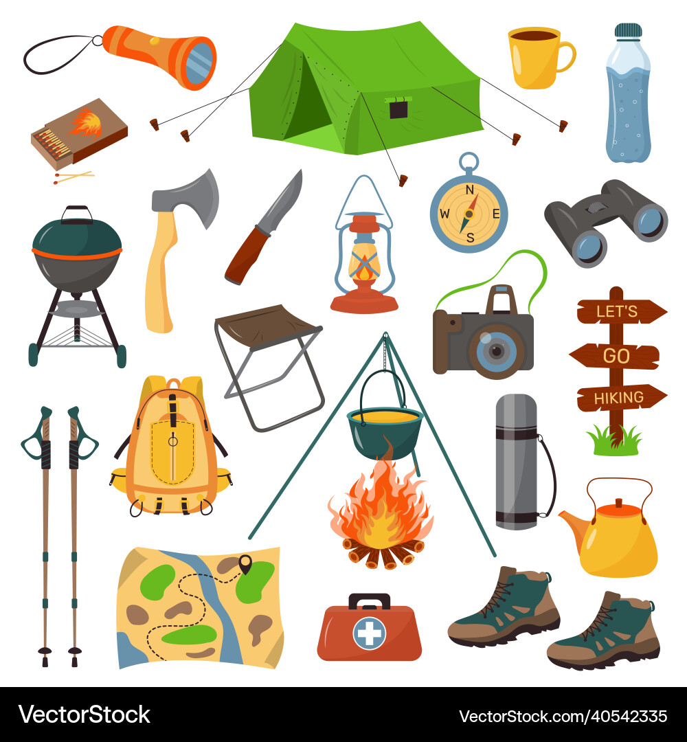 Bundle hiking big set of items for camping Vector Image