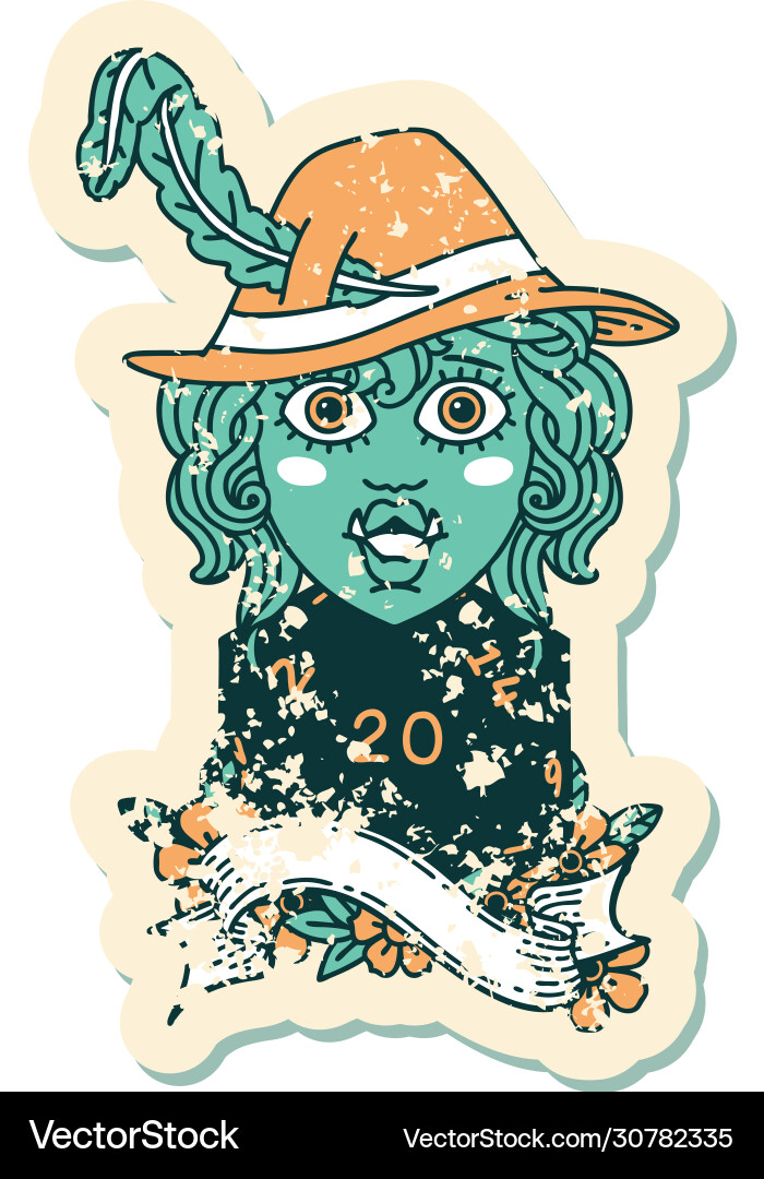 Singing half orc bard with natural twenty dice Vector Image