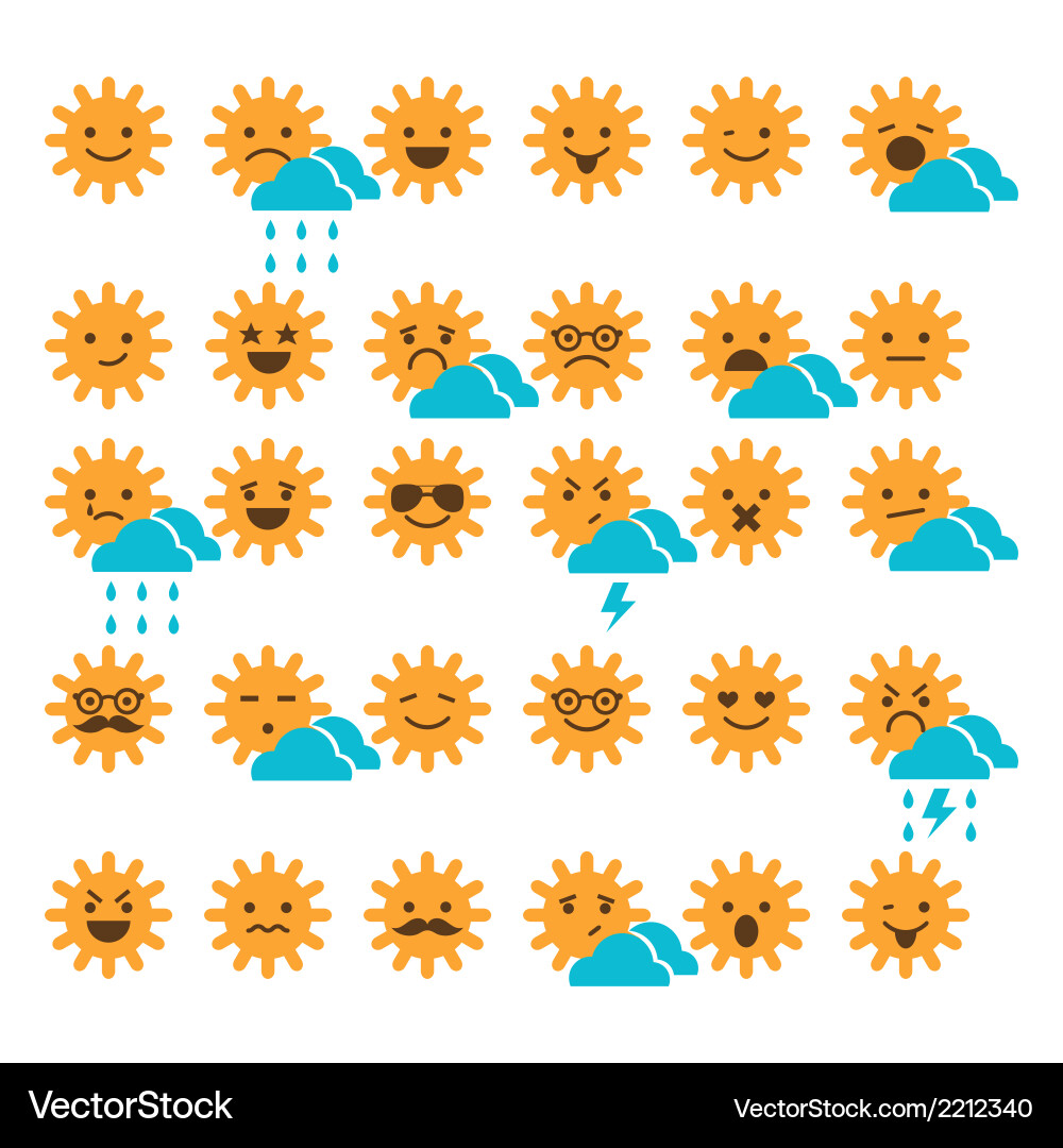 Set of suns with different emotions Royalty Free Vector