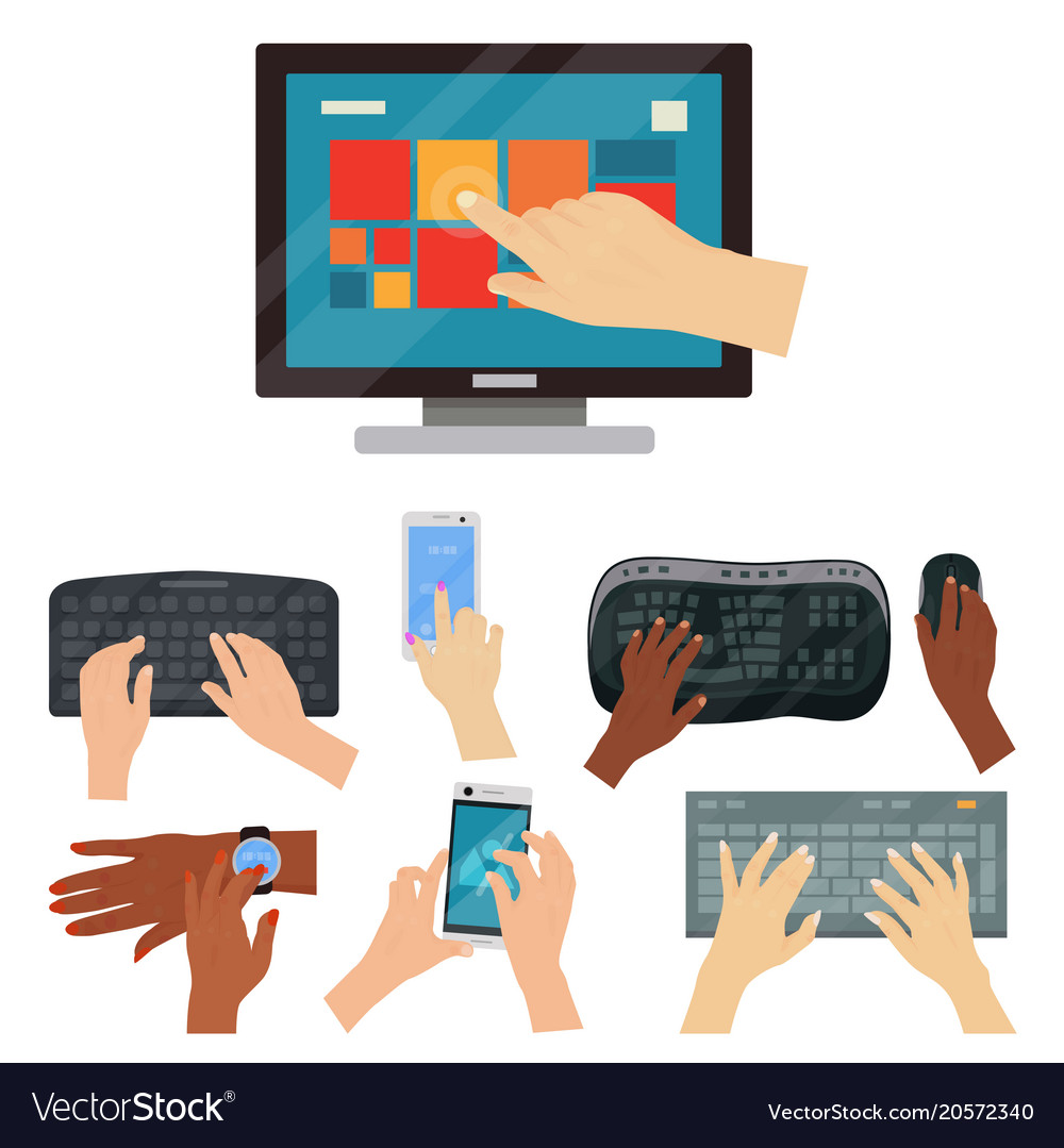 Users hands on keyboard computer touch gestures Vector Image Users hands on keyboard computer touch gestures Vector Image