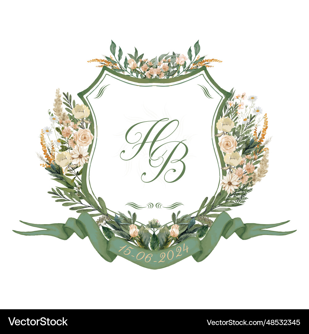 Painted hb initial watercolor floral crest Vector Image