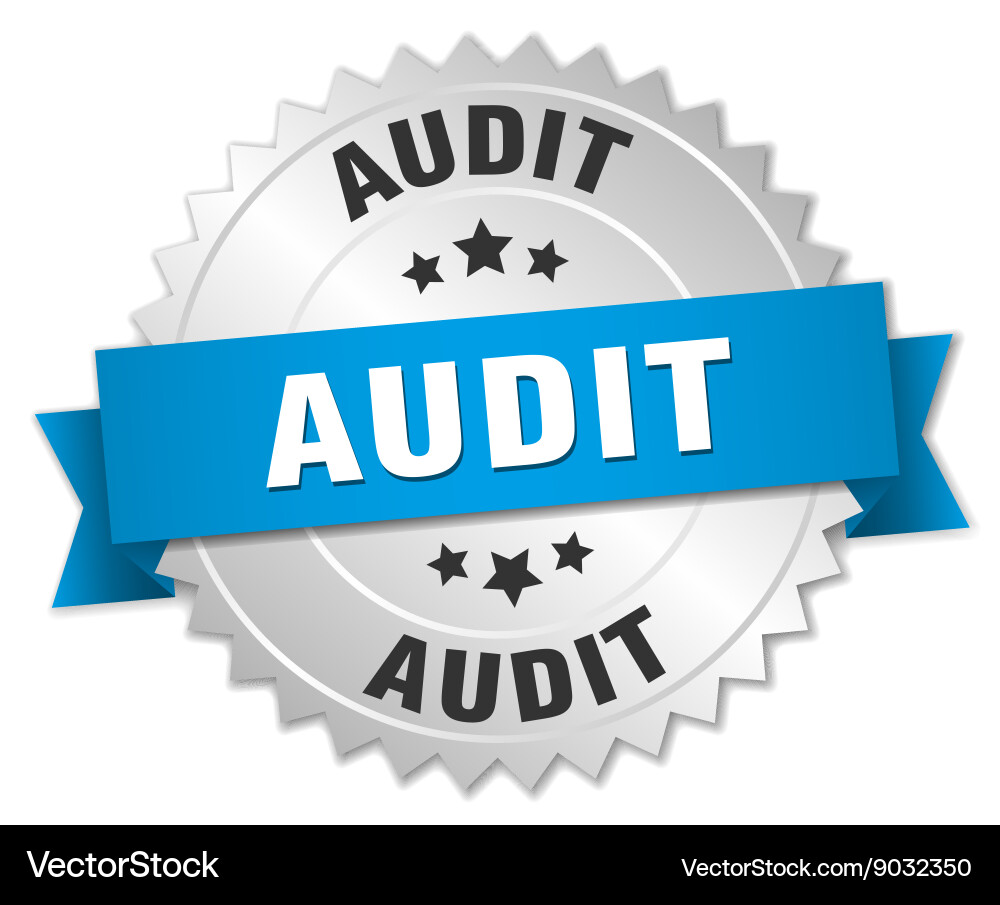 Audit 3d silver badge with blue ribbon Royalty Free Vector